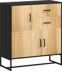 HOMCOM Moderní komoda se 3 skříněmi a 2 zásuvkami, víceúčelová komoda z dřevotřísky a oceli, 80x35x85 cm, Černá a dřevěná barva | Aosom