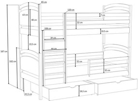 Dětská patrová postel z masivu borovice MARCELA se šuplíky - 200x90 cm - BÍLÁ