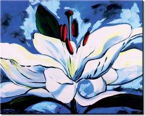 Obraz Kvete bílá lilie (1 díl) - rostlinný motiv na modrém pozadí