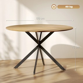 HOMCOM Kulatý Jídelní Stůl pro 4 Osoby, Ø120cm Kuchyňský Stůl v Průmyslovém Stylu se Steelovými Nohy, pro Jídelnu, Kuchyň, Pracovnu, Dub