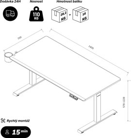 Elektrický stůl s nastavitelnou výškou ergonomický bílý/dub sonoma,1400x700 mm: ARIA