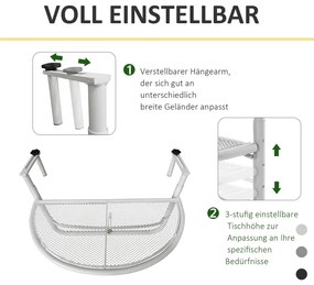 Outsunny Balkonový závěsný stolek půlkruhový, výškově nastavitelný, Ø30 cm, bílý, 60 x 45 x 50 cm 84B-295WT