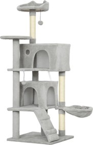 PawHut Kočičí škrabadlo 140 cm, strom pro kočky, pelíšky, hamaka, sisalové sloupky, více úrovní, světle šedé