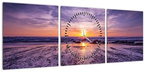 Obraz pláže - západ slunce (s hodinami) (90x30 cm)