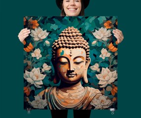 Plakát - Buddhova hlava a pozadí s květy FeelHappy.cz Velikost plakátu: 100 x 100 cm