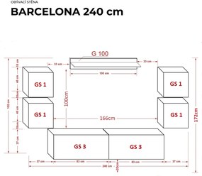 Ral Obývací stěna BARCELONA 2, 240 cm - Bílý lesk