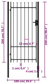 vidaXL Marketos Plotová branka Boxtel jednokřídlé dveře s hroty nahoře ocel 1x2 m černá