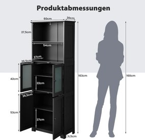 Costway Koupelnová skříňka se skleněnými dvířky 2 otevřenými přihrádkami