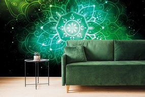 Samolepící tapeta zelená Mandala s galaktickým pozadím