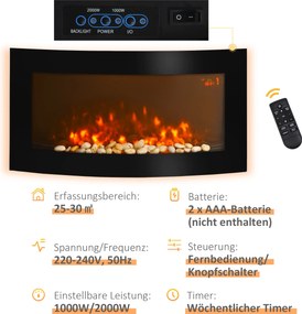 HOMCOM Elektrokamin s topením, nástěnný krb s LED efektem plamene, 10 barev plamene, 900/1800 W, elektrický krb s časovačem, nastavitelný termostat, …