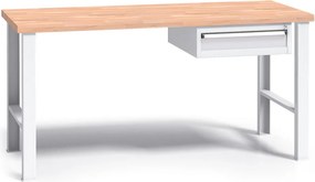 Pracovní stůl do dílny G3 se závěsným boxem na nářadí, buková spárovka, 1 zásuvka, pevné kovové nohy, 1500 mm, šedá