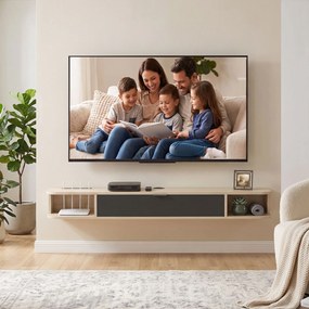 HOMCOM Závěsný TV nábytek, TV nábytek pro televize až do 152,4 cm (60 palců), výklopná zásuvka, 2 police, 140x24x16 cm, přírodní dřevo