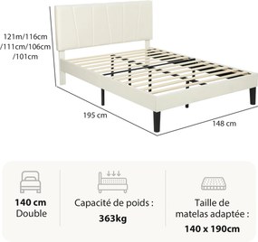 HOMCOM manželská postel 140 x 190 cm postel pro 2 osoby, nastavitelné čelo postele, lamelový rošt 150 x 198 x 101/106/111/116/121 cm, krémová