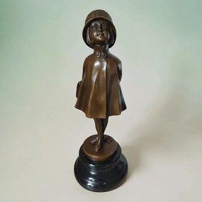 Socha studentky s aktovkou – bronz na mramorovém podstavci – Art Deco figurka – elegantní dekorace