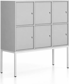 Kancelářská skříň FRAME, nízká, bílá podnož, 6x dveře, 1299 x 450 x 1331 mm, cylindrický zámek, šedá