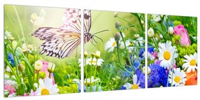 Obraz letních květů s motýlem (90x30 cm)