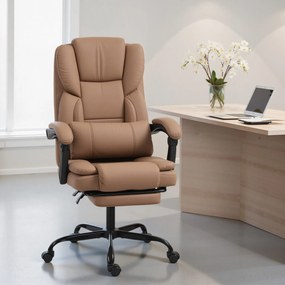 HOMCOM ergonomická kancelářská židle s opěrkou nohou — nastavitelná výška, bederní opora, 360° otáčení, eko-kůže přátelská k mazlíčkům, hnědá