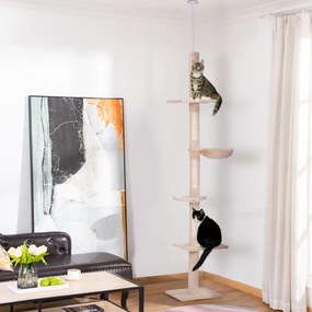PawHut škrabadlo stropní, H230-260 cm, výškově nastavitelný strom pro kočky, stabilní, béžový| Aosom
