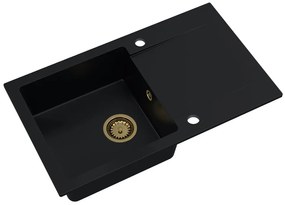 Sink Quality Ferrum, kuchyňský granitový dřez 770x450x190 mm + zlatý sifon, černá, SKQ-FER.C.1KDO.XG