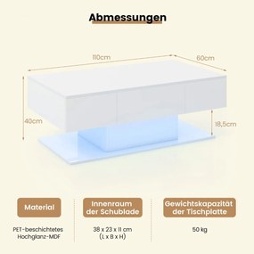 Costway Konferenční stolek s LED osvětlením vysoký lesk 20 barev jas – bílý