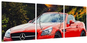 Obraz - červený Mercedes (s hodinami) (90x30 cm)