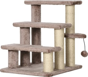 3-stupňové Kočičí Schody PawHut s Hracím Míčkem a Škrábacím Sloupem pro Kočky do 5 kg, Plyšové Jutové Hnědé, 45 x 40 x 48 cm | Aosom
