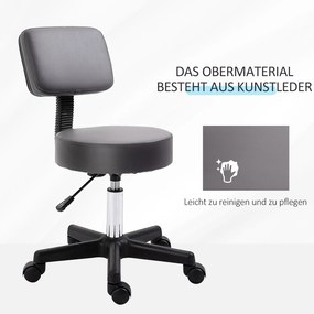 HOMCOM Rolovací stolička Výškově nastavitelná pracovní stolička s opěradlem, otočná salonní stolička z imitace kůže Šedá Ø35 x 72-84 cm pro masáže a …