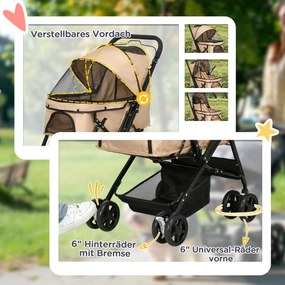 PawHut kočárek pro malé psy a kočky, kočárek pro domácí mazlíčky Oxford světle hnědý 76,5 x 52 x 95 cm, pohodlný a mobilní | Aosom.de