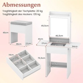 Costway Toaletní stolek s 3 barevné LED zrcadlo a taburet a zásuvky set úzký