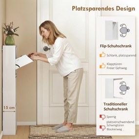 HOMCOM kovová skříňka na boty s 3 výklopnými přihrádkami — úzká nástěnná skříňka na 6 párů, 55 × 15 × 105,5 cm, bílá