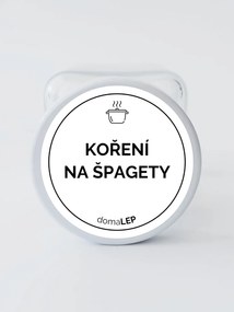 Samolepka na kořenky KOŘENÍ NA ŠPAGETY bílá 5 cm tučné písmo