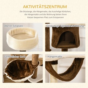 PawHut škrabadlo XXL kočičí strom 153H cm s kočičí jeskyní, houpací síť, šplhací strom pro kočky, plyš, hnědá barva pro hraní a relaxaci | Aosom.de