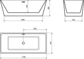 Mexen Lita, volně stojící vana 170 x 75 cm, bílá-černá, zlatý matný přepad, 52121707575-55