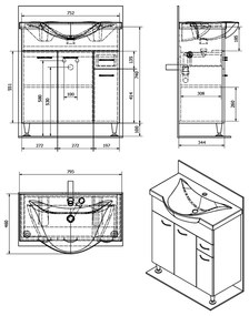 Aqualine KERAMIA FRESH umyvadlová skříňka 75,2x74x34,4cm, bílá 50082A
