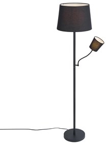 Klasická stojací lampa černá s černým stínítkem a lampičkou na čtení - Retro