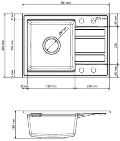 Gamma Modern 6040, 1-komorový granitový dřez 580x420x185 mm s krátkým odkapávačem, černá se zlatými body, GMA-ZM-6040-GD