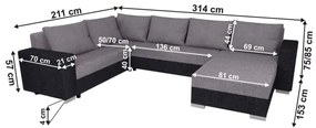 Čalouněná univerzální rozkládací sedací souprava do U YORK šedá/černá