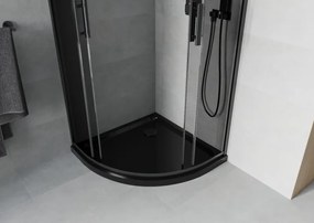 Mexen Rio, čtvrtkruhový sprchový kout s posuvnými dveřmi 80 (dveře) x 80 (dveře) x 190 cm, 5mm šedé sklo, černý profil + černá sprchová vanička SLIM, 863-080-080-70-40-4170B