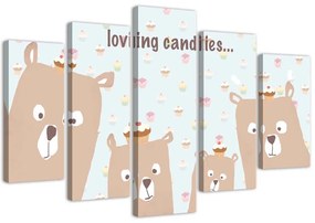 Gario Obraz Medvídci Loving candies - 5 dílný Velikost: 100 x 70 cm, Provedení: Obraz na plátně
