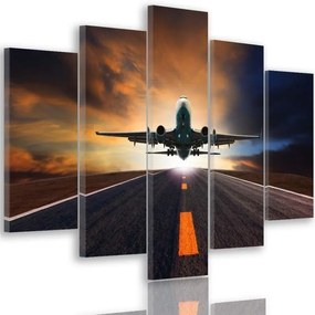 Obraz na plátně pětidílný Letadlo při západu slunce - 200x100 cm
