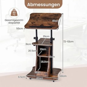 Costway Stojací stůl s nastavitelnou výškou pultu s kolečky a naklápěcím stolkem