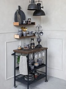 Černý antik kovový vozík na kolečkách s dřevěnou deskou Servier - 73*44*83cm