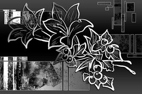 Samolepící tapeta černobílá květinová ilustrace - 225x150 cm
