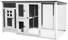 PawHut Kurník pro nosné slepice se vodotěsnou střechou a výběhem, dřevěné hnízdo, 160x75x80 cm, šedá a bílá | Aosom
