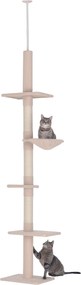 PawHut Stropní výškově nastavitelný kočičí strom s sisalovými sloupky, pevný kočičí šplhací strom, béžový, 40 x 34 x 230-260 cm | Aosom