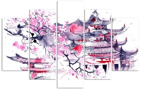 Obraz na plátně pětidílný Japonská růžová krajina - 200x100 cm
