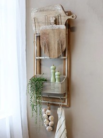 Krémová antik dřevěno-kovová nástěnná polička s háčky Old Shelf - 40*15*90 cm