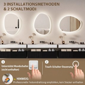 HOMCOM 70 x 50 cm asymetrické koupelnové zrcadlo s LED osvětlením, dotykový ovladač Smart Touch, proti zamlžení, stříbrná