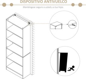 HOMCOM 5-úrovňová knihovna se 3 nastavovacími policemi, Antiklopná úložná skříň pro obývací pokoj, kancelář, studovnu 63x29,5x176 cm Přirozené dřevo