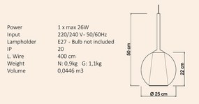 Sikrea Závěsné svítidlo EMY Ø25 cm, 1xE27 Barva skla: Hnědá, Barva montury: Matná černá, Typ montury: Zápustná